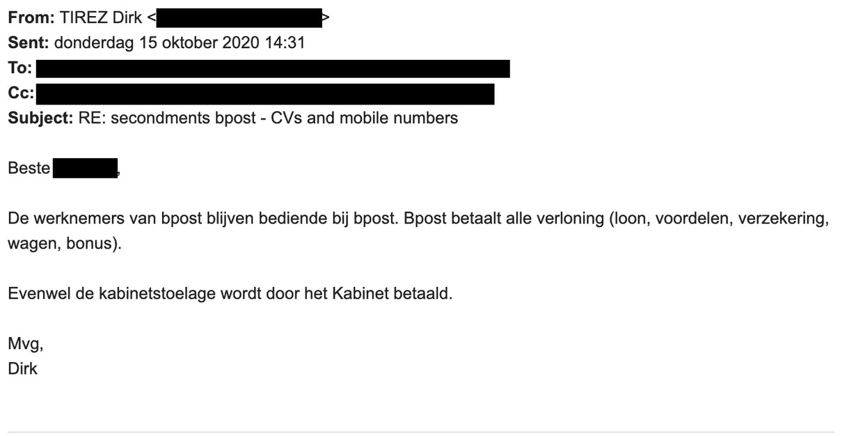 De mail die de medewerkers van Bpost op het kabinet van De Sutter deed ... De mail die de medewerkers van Bpost op het kabinet van De Sutter deed ...